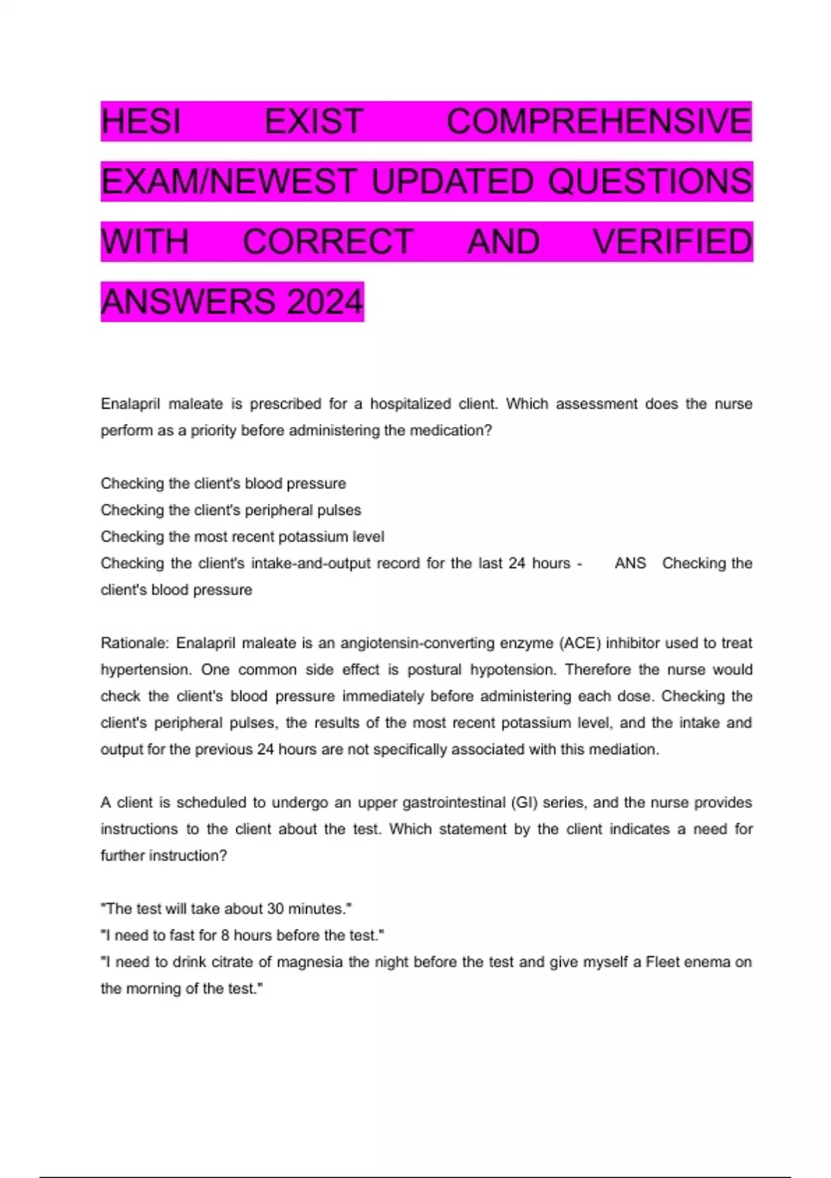 HESI EXIST COMPREHENSIVE EXAM/NEWEST UPDATED QUESTIONS WITH CORRECT AND VERIFIED ANSWERS 2024 ...