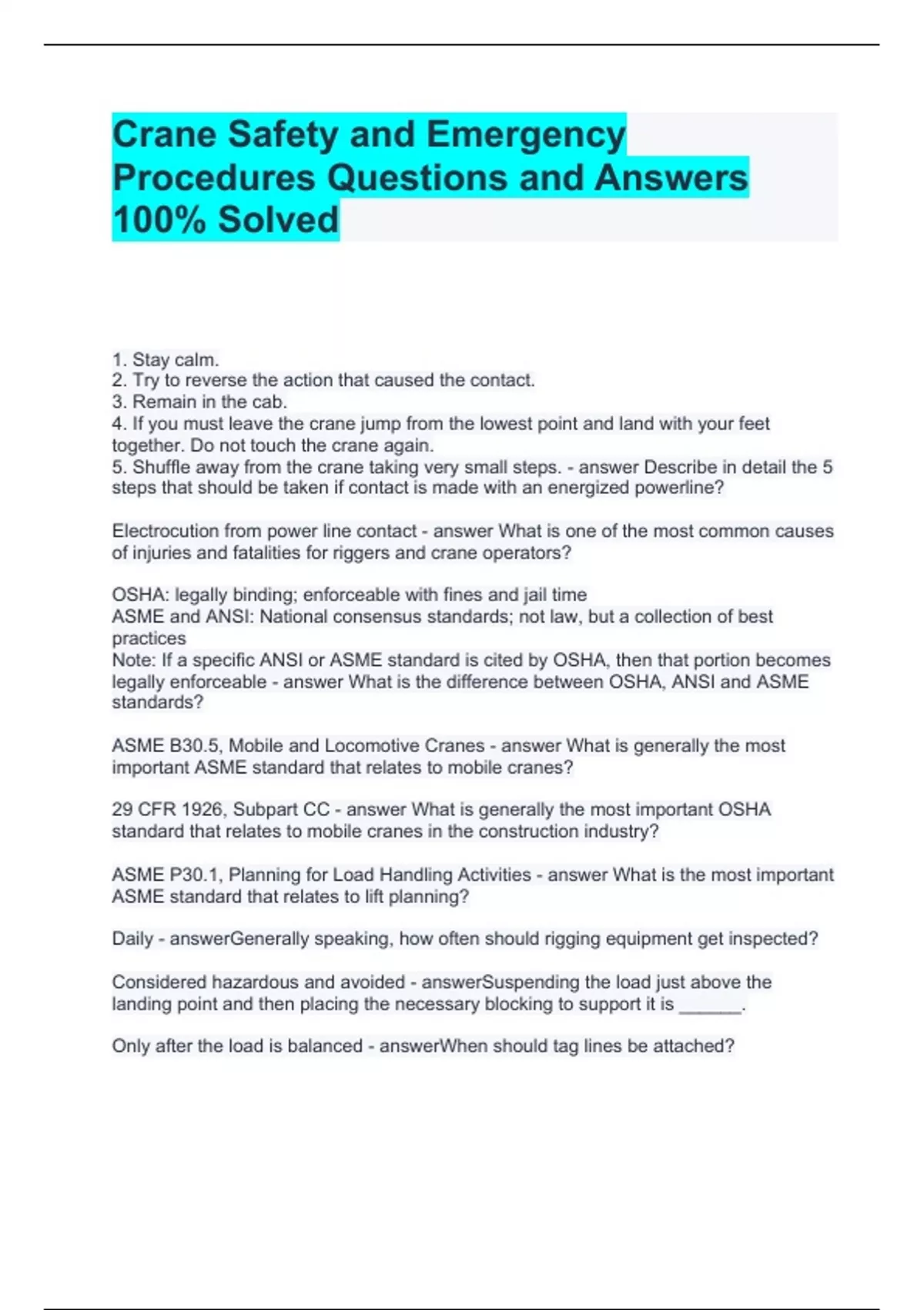 Crane Safety and Emergency Procedures Questions and Answers 100% Solved ...