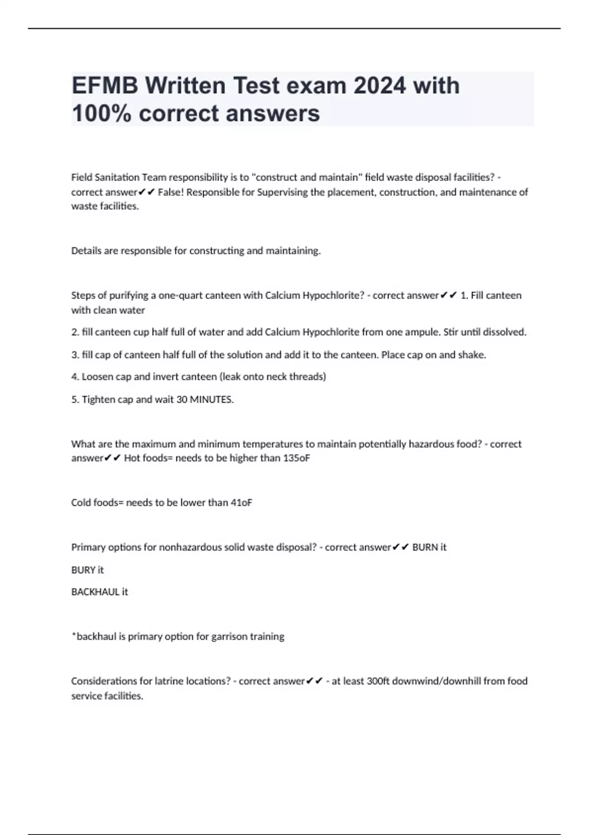 EFMB Written Test exam 2024 with 100% correct answers - EFMB - Stuvia US