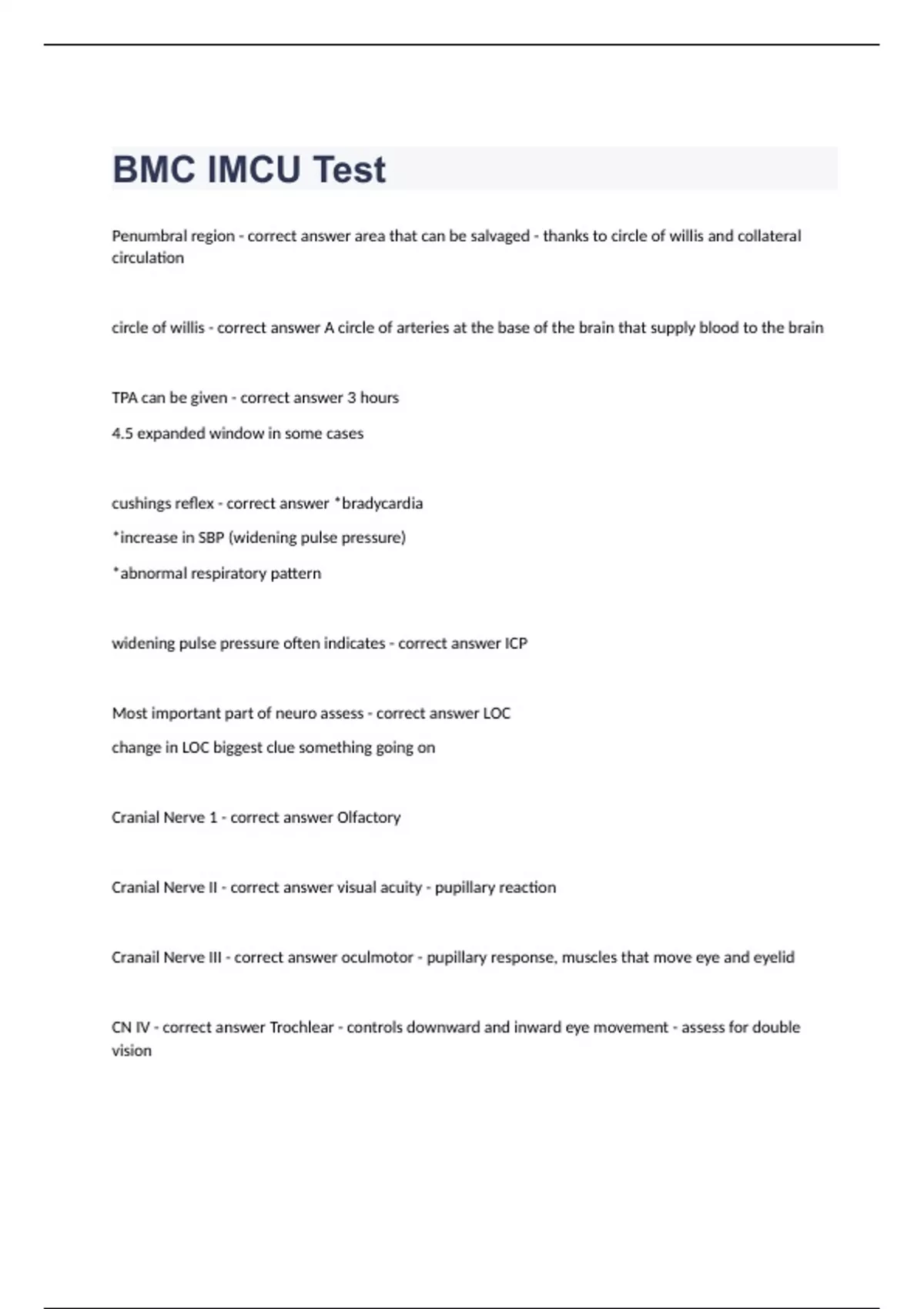 BMC IMCU Test exam 2024 with 100% correct answers - BMC IMCU - Stuvia US