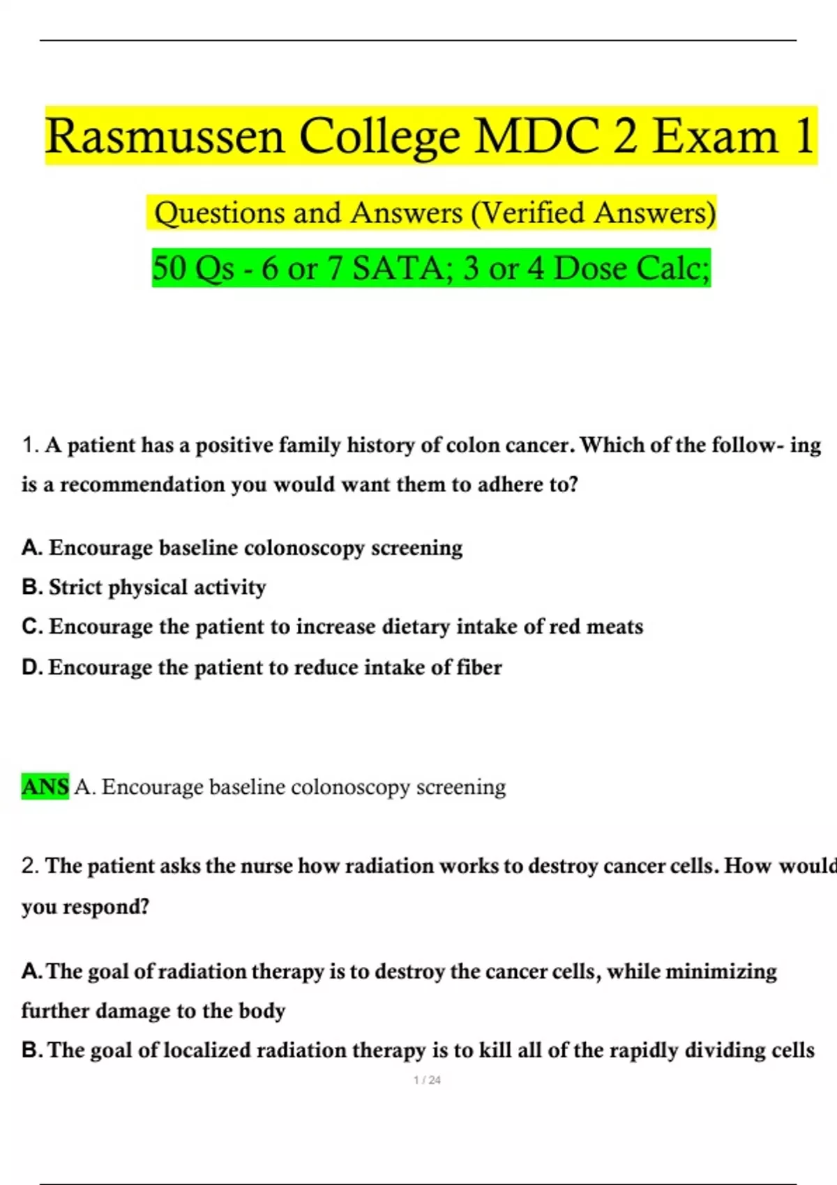 Rasmussen College MDC 2 Exam 1 Questions and Answers 2024 / 2025 | 100% ...