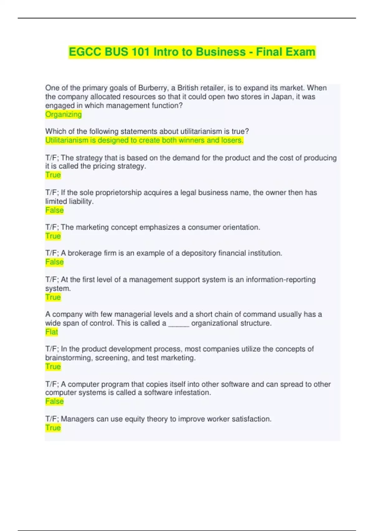 EGCC BUS 101 Intro to Business - Final Exam (Complete Solutions, Answered) - EGCC BUS 101 ...