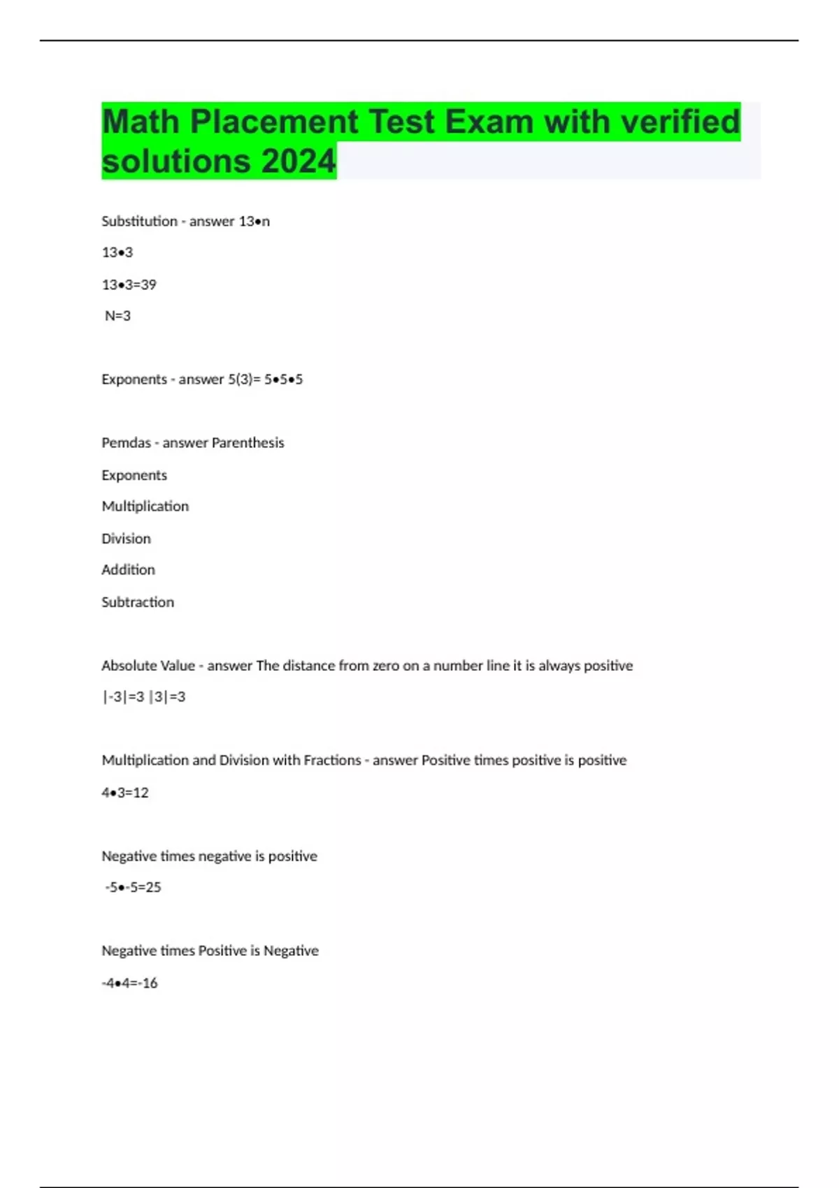 Math Placement Test Exam with verified solutions 2024 latest update ...