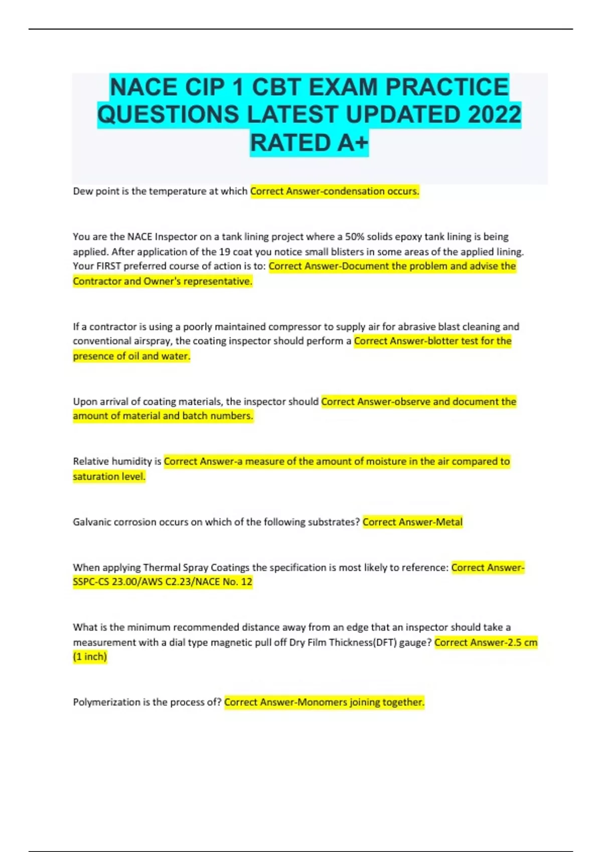 NACE CIP 1 CBT EXAM PRACTICE QUESTIONS LATEST UPDATED RATED A+ - NACE ...