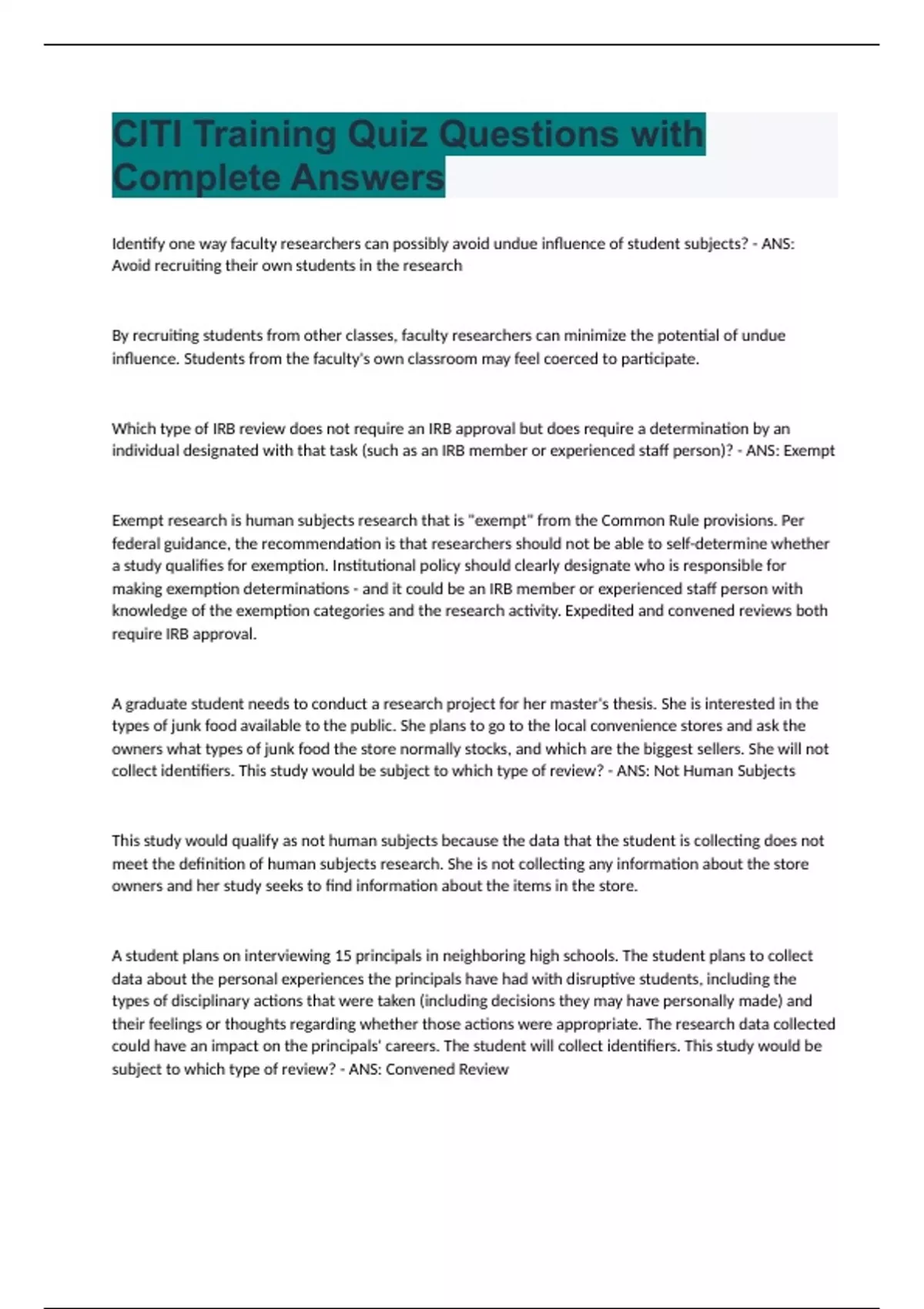 CITI Training Quiz Questions with Complete Answers - CITI Training ...