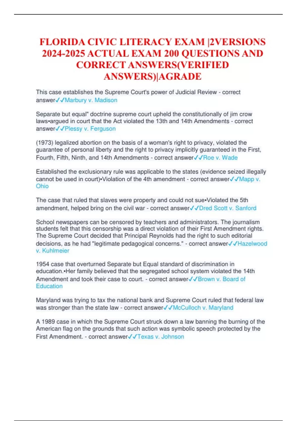 FLORIDA CIVIC LITERACY EXAM |2VERSIONS ACTUAL EXAM 200 QUESTIONS AND ...