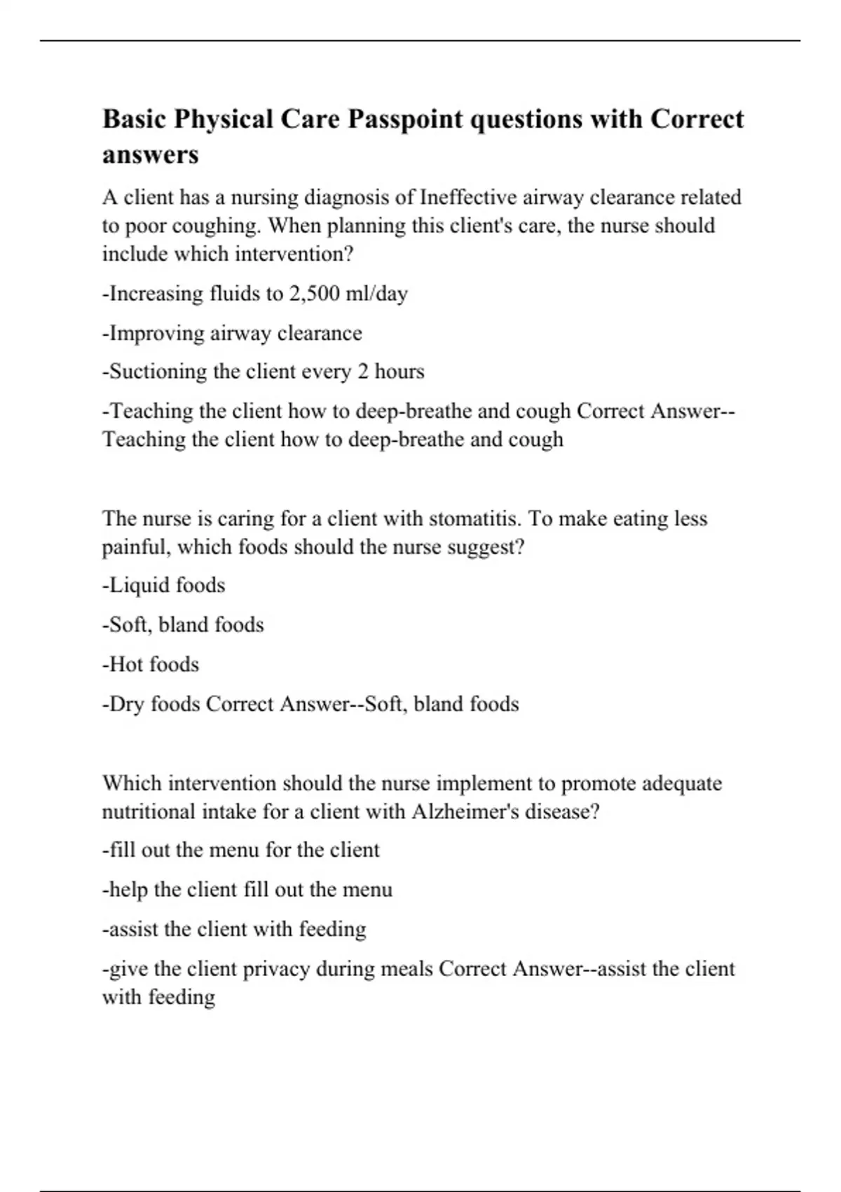 Basic Physical Care Passpoint questions with Correct answers - Basic ...