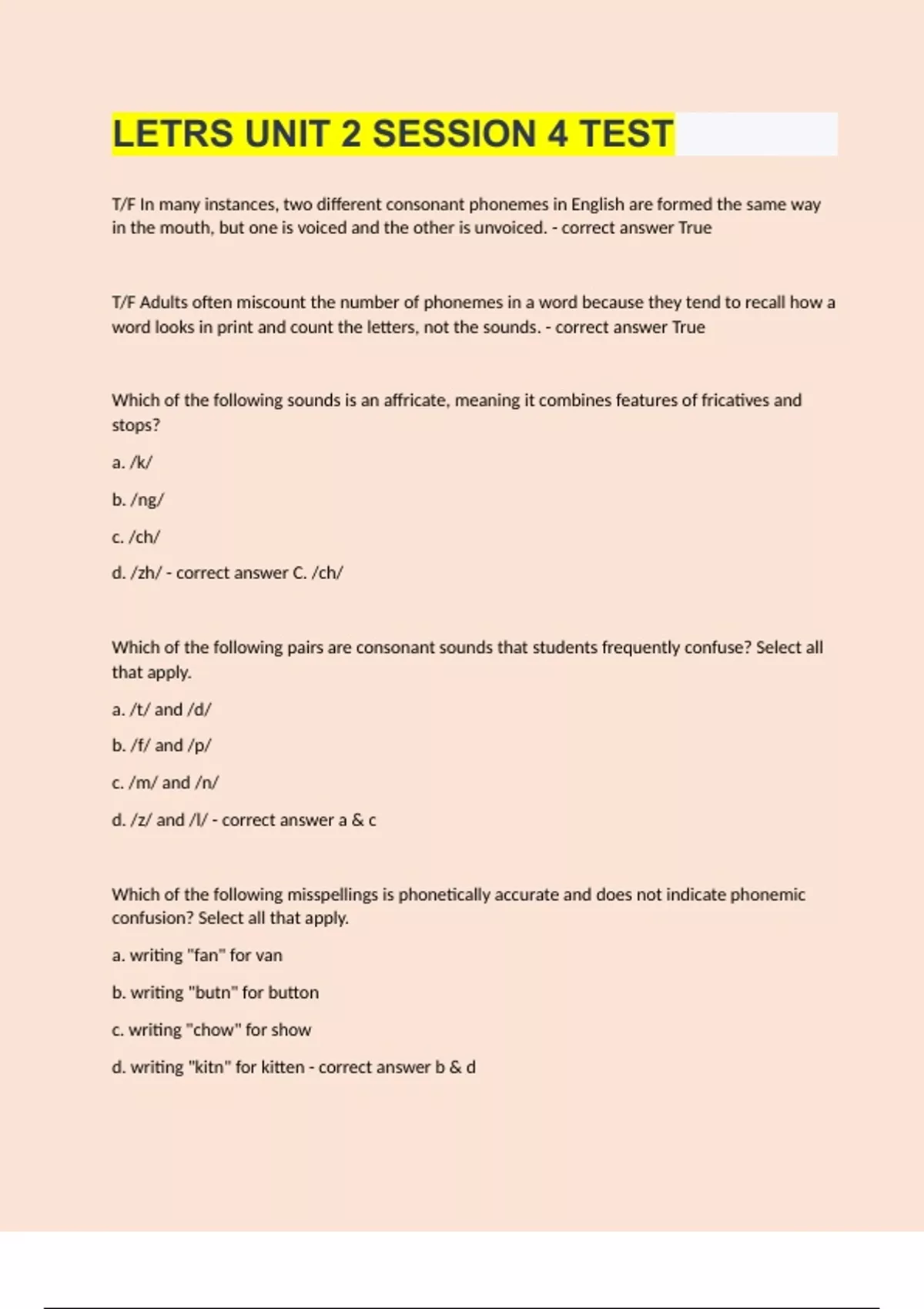 LETRS UNIT 2 SESSION 4 TEST - LETRS Language Essentials for Teachers ...