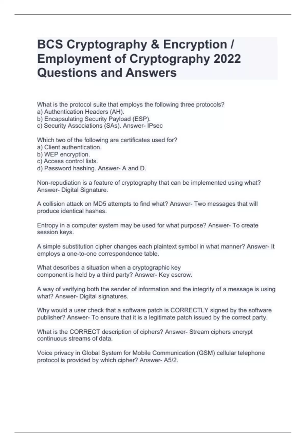 BCS Cryptography & Encryption / Employment of Cryptography 2024 Questions and Answers - Nursing ...
