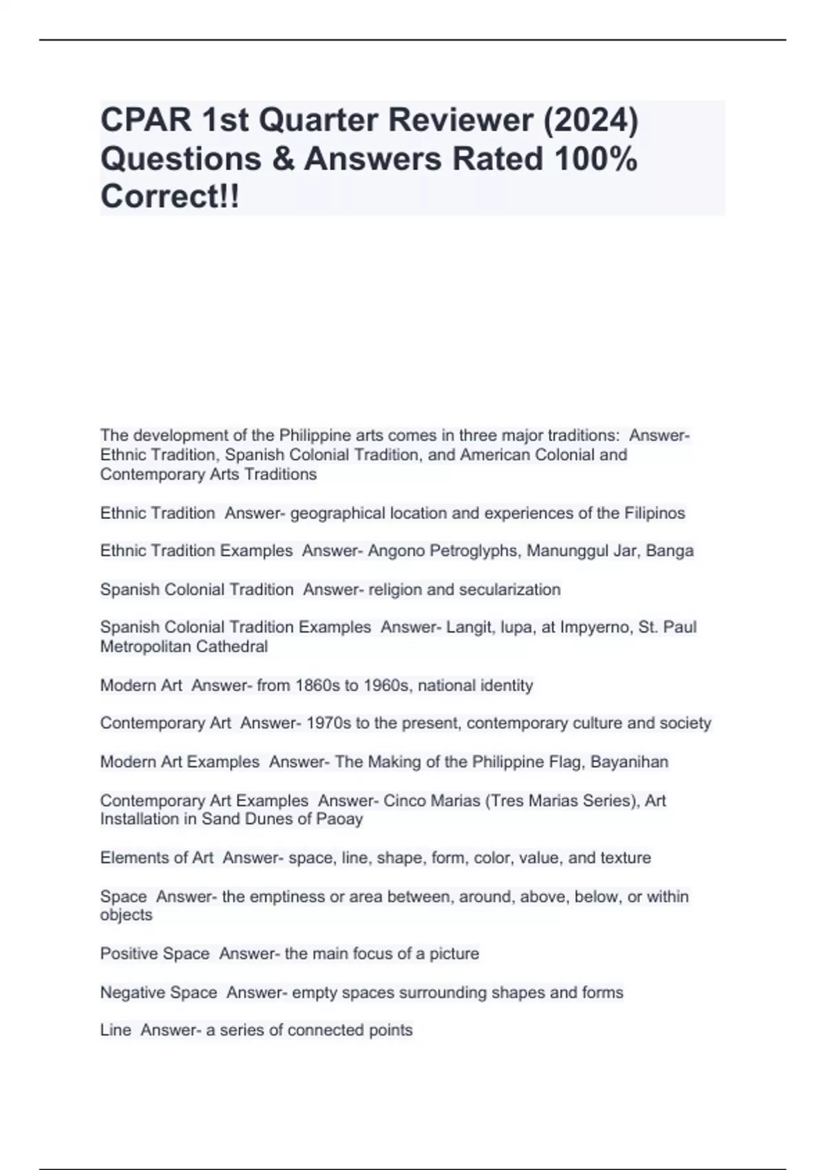 CPAR 1st Quarter Reviewer (2024) Questions & Answers Rated 100% Correct ...