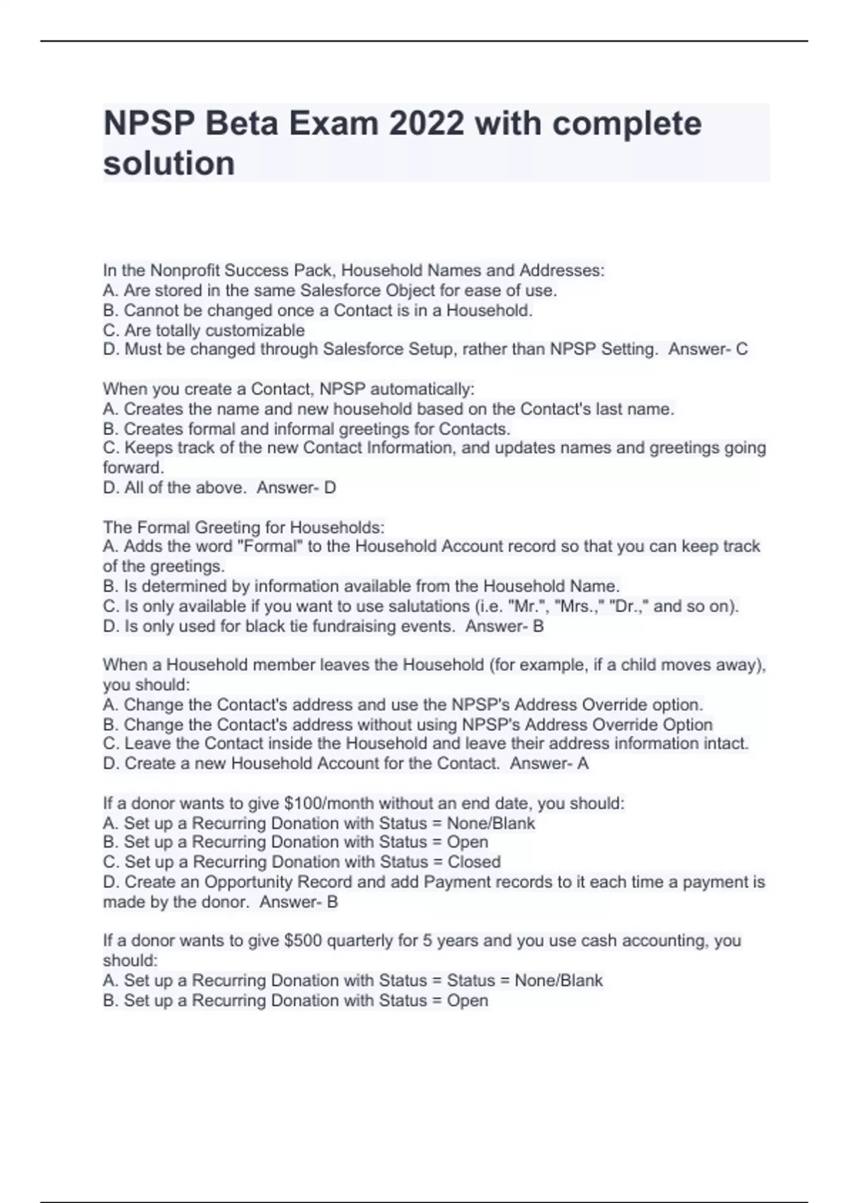 NPSP Beta Exam 2024 with complete solution - Nursing - Stuvia US