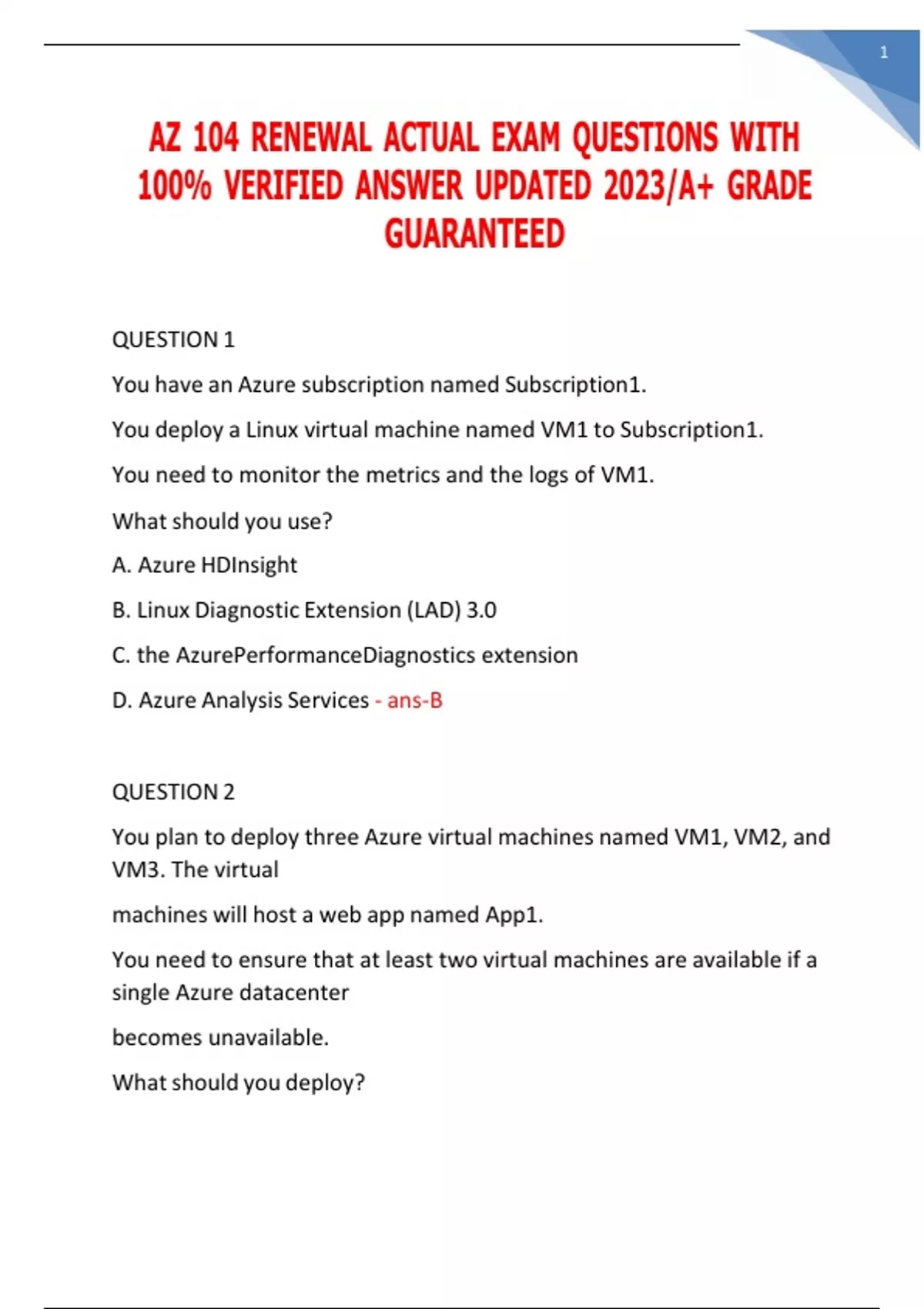 AZ 104 RENEWAL ACTUAL EXAM QUESTIONS WITH 100% VERIFIED ANSWER UPDATED ...