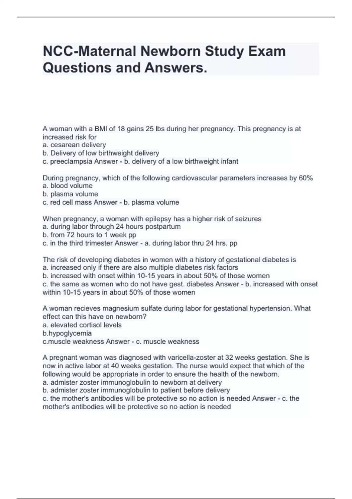 NCC-Maternal Newborn Study Exam Questions and Answers - NCC - Stuvia US