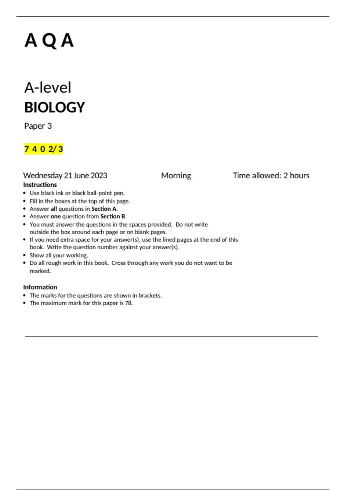 AQA A Level BIOLOGY Pаper 3 QP June 2023 - Biology AQA - Stuvia US