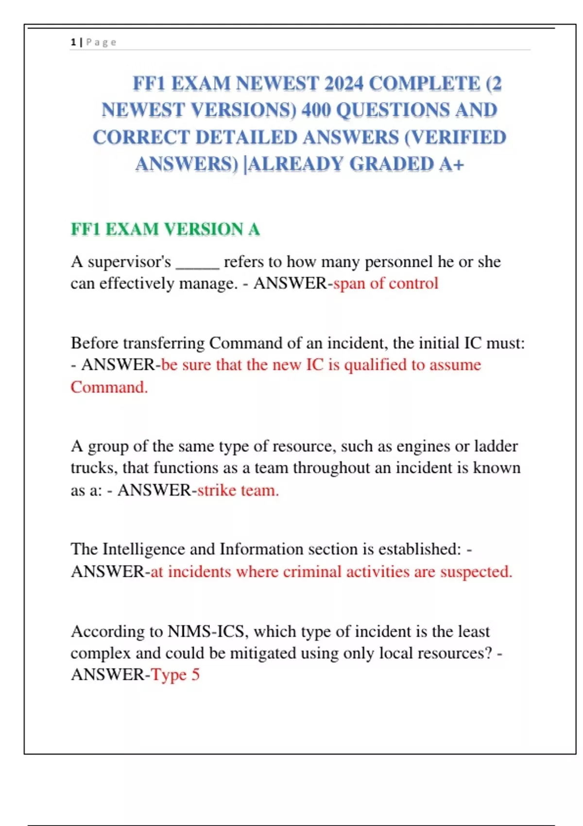 FF1 EXAM NEWEST 2024 COMPLETE (2 NEWEST VERSIONS) 400 QUESTIONS AND CORRECT DETAILED ANSWERS ...