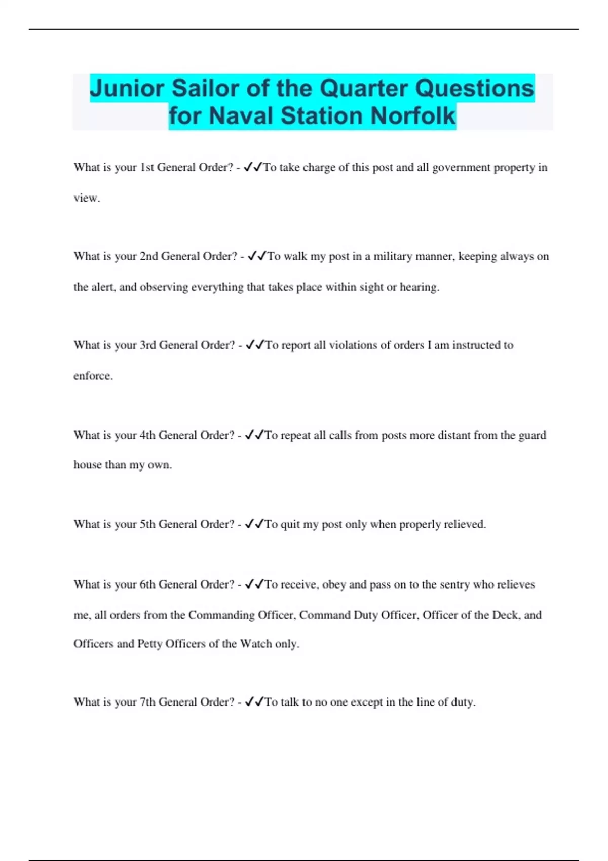 Junior Sailor of the Quarter Questions for Naval Station Norfolk ...