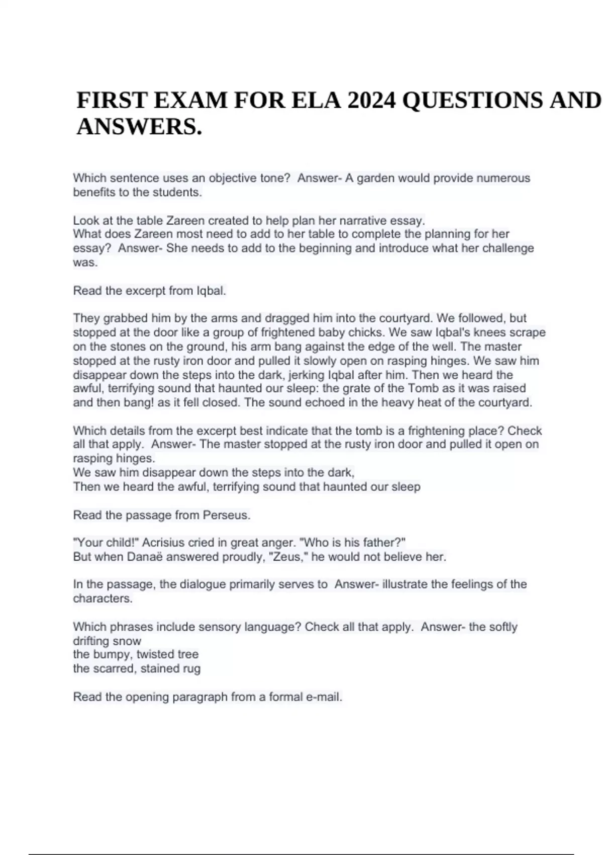 FIRST EXAM FOR ELA 2024 QUESTIONS AND ANSWERS. - CNA - Certified ...