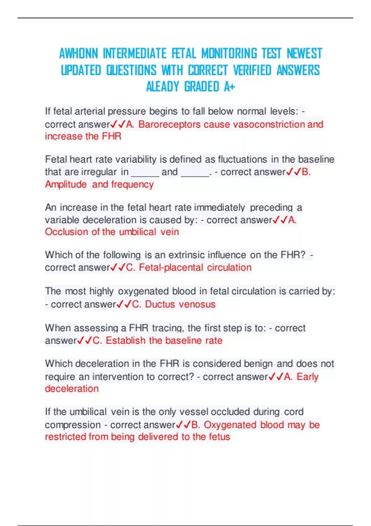AWHONN INTERMEDIATE FETAL MONITORING TEST NEWEST UPDATED QUESTIONS WITH ...