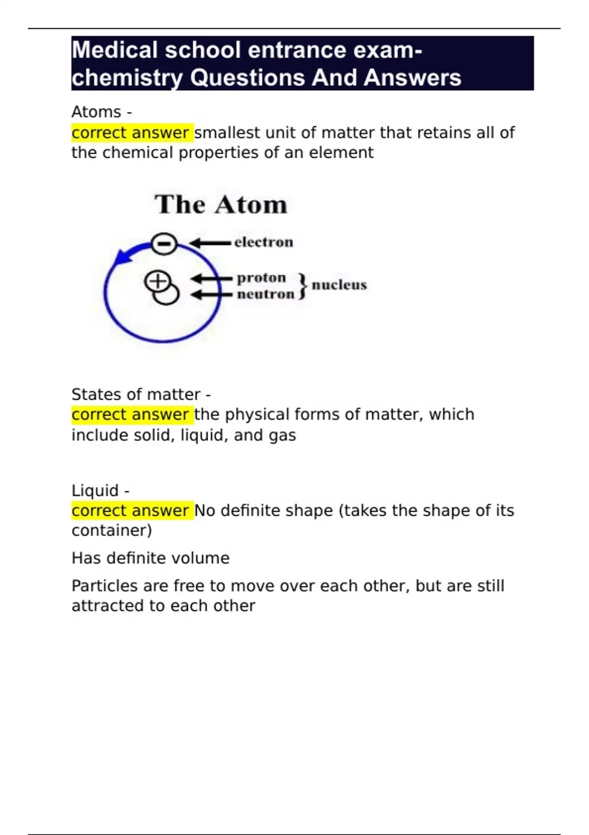 Medical school entrance exam- chemistry Questions And Answers ...