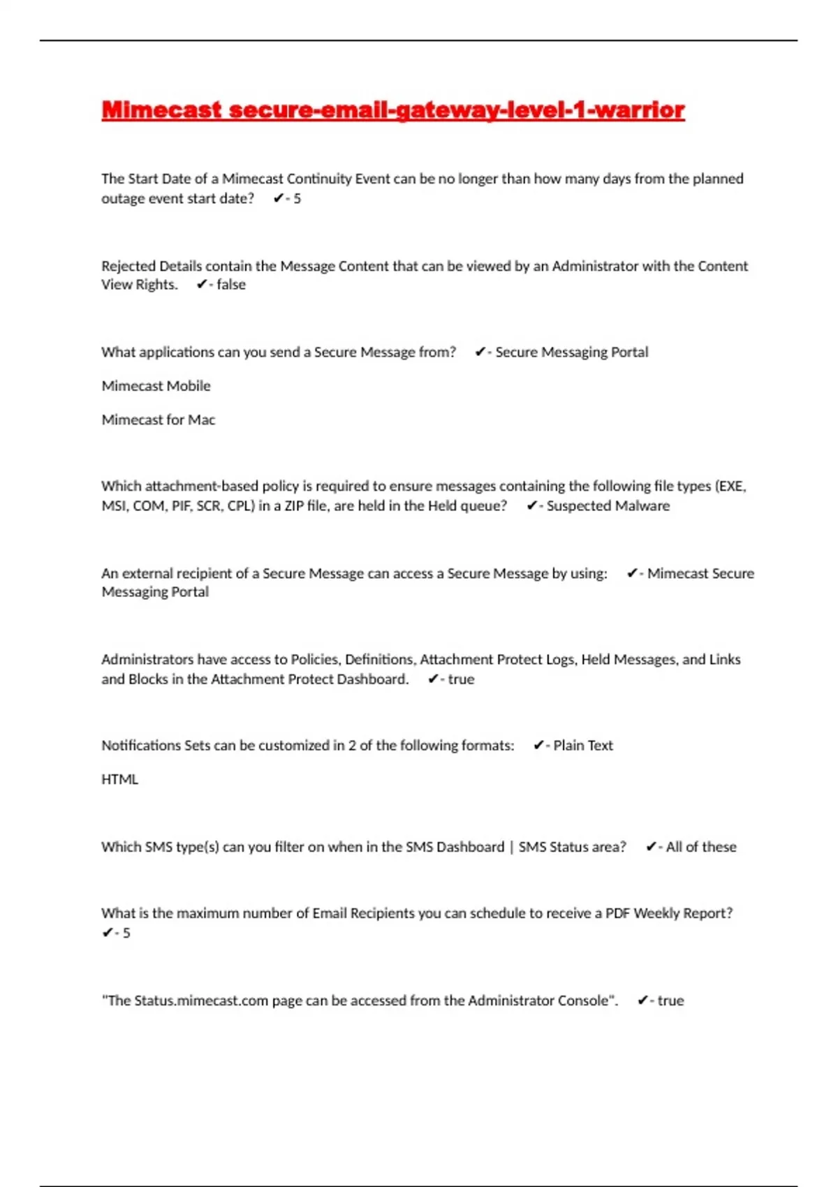 Mimecast secure-email-gateway-level-1-warrior exam 2024 with correct ...