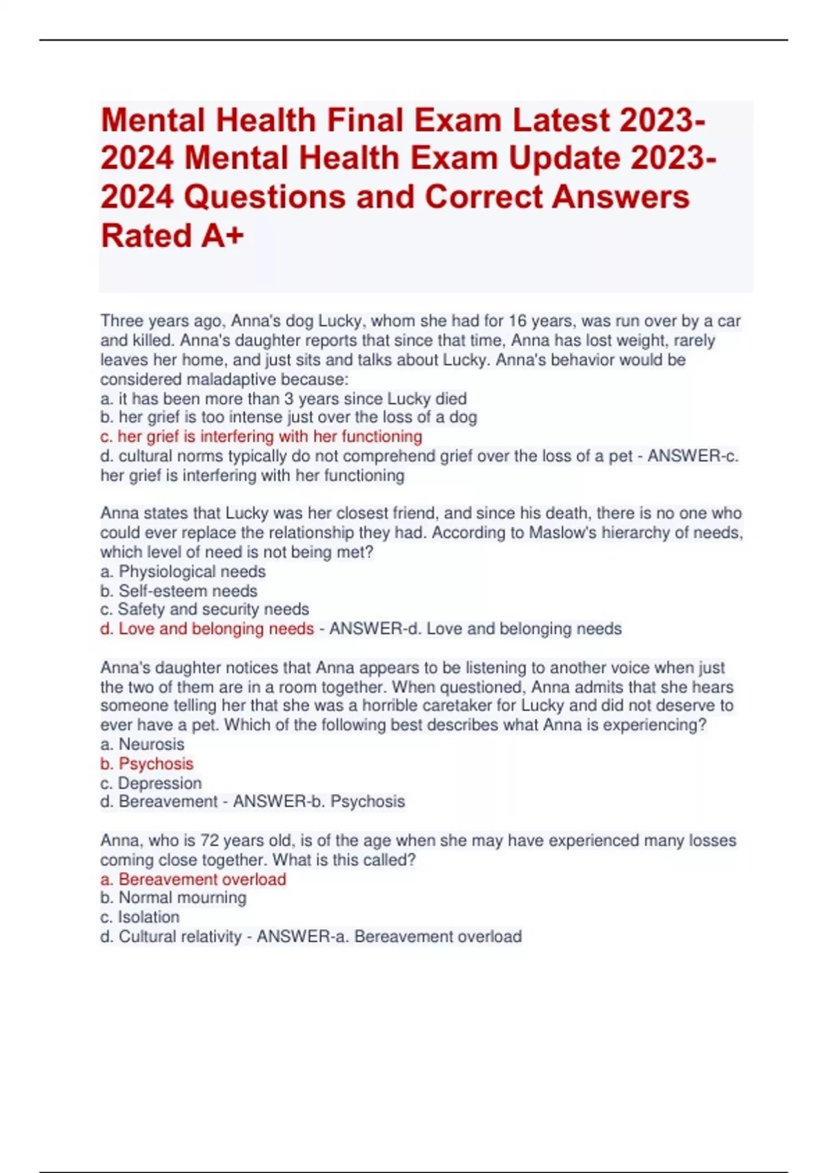 Mental Health Final Exam Latest Mental Health Exam Update Questions And Correct Answers Rated A