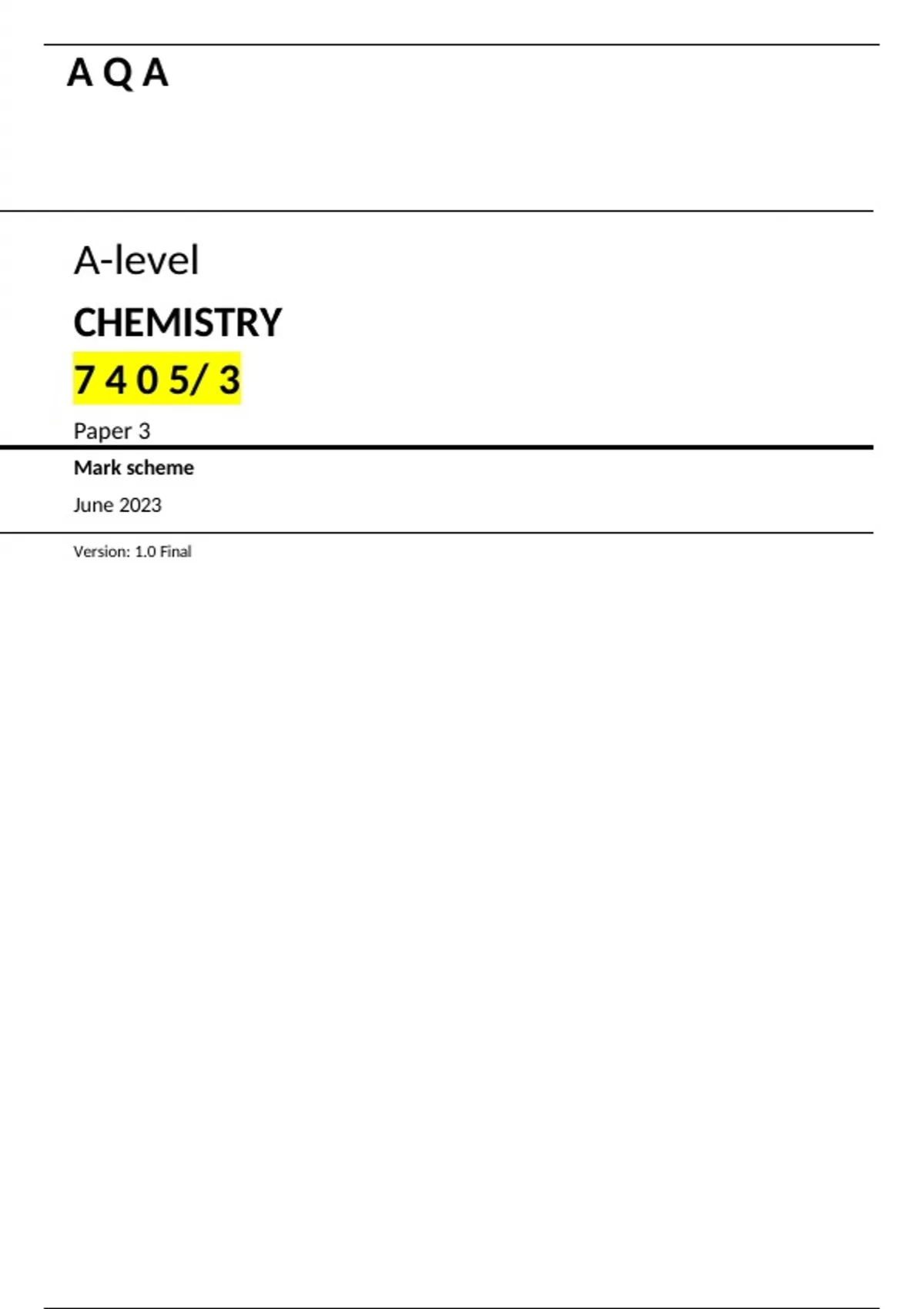 AQA A Level Chemistry paper 3 Question paper and mark scheme for June ...