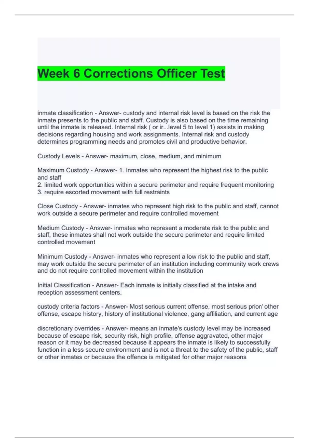 Week 6 Corrections Officer Test with complete solutions - Officer ...