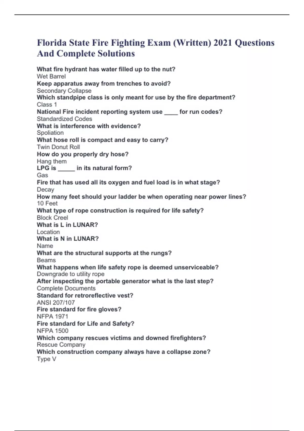 Florida State Fire Fighting Exam (Written) 2021 Questions And Complete ...