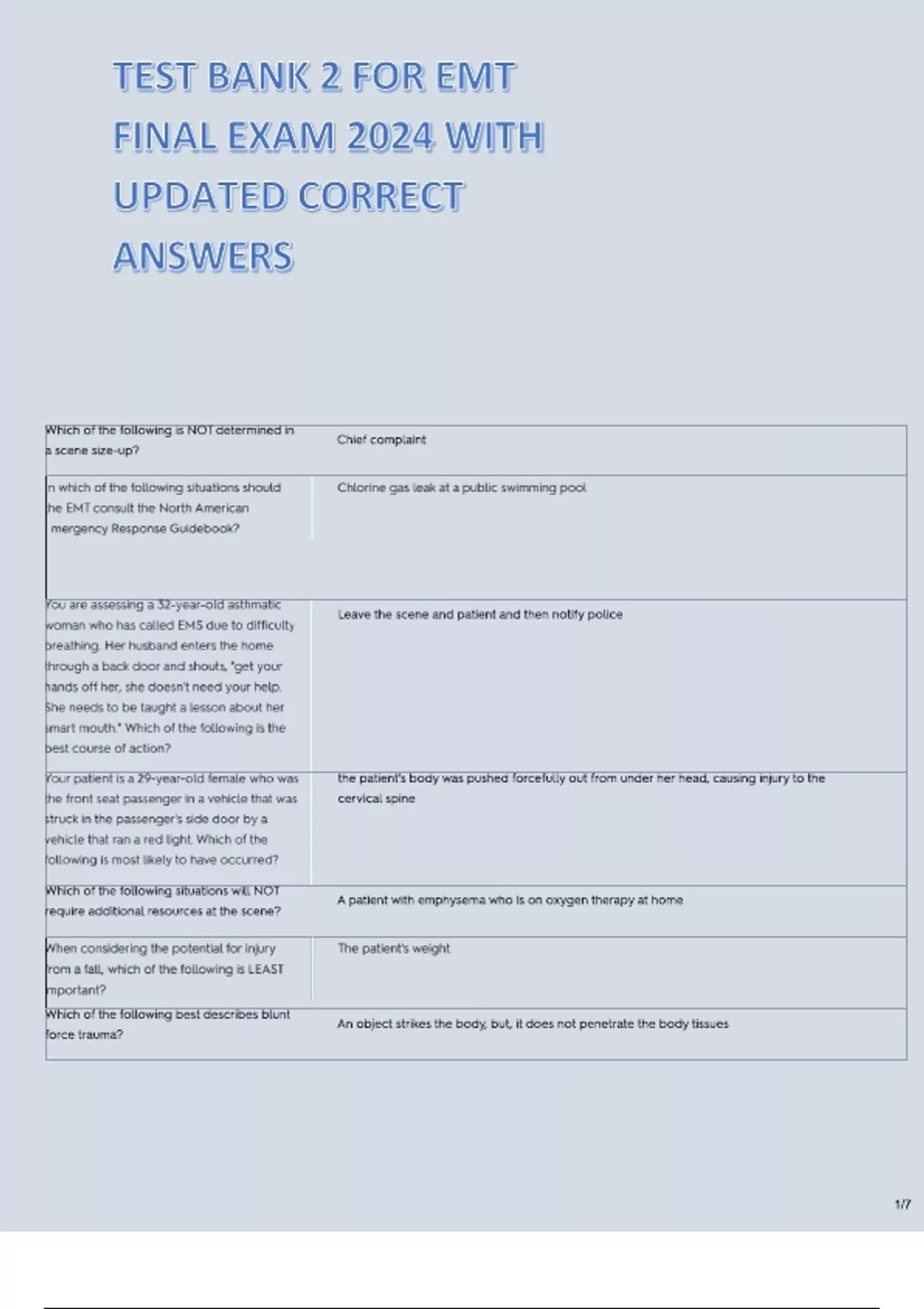 TEST BANK 1 AND 2 FOR EMT FINAL EXAMS 2024 WITH REAL QUESTIONS AND ...
