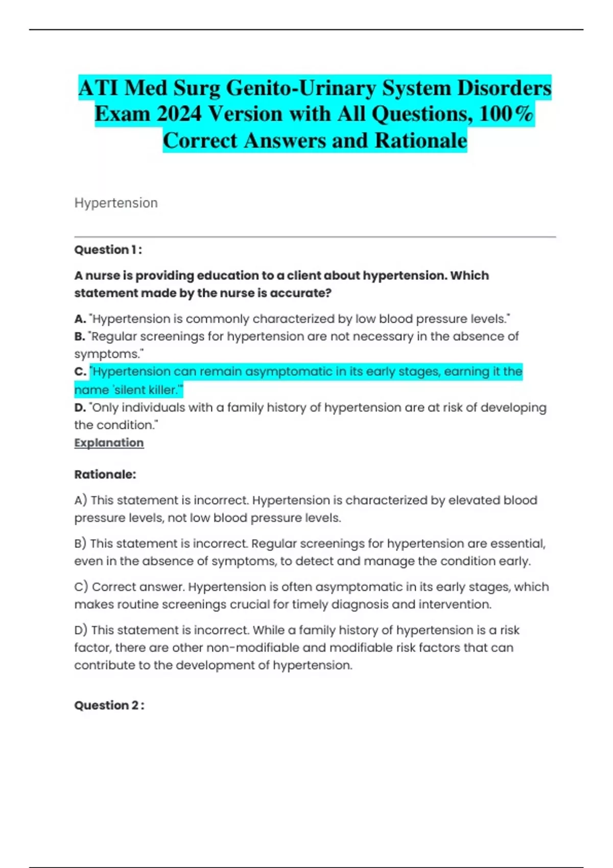 ATI Med Surg Genito-Urinary System Disorders Exam 2024 Version with All ...