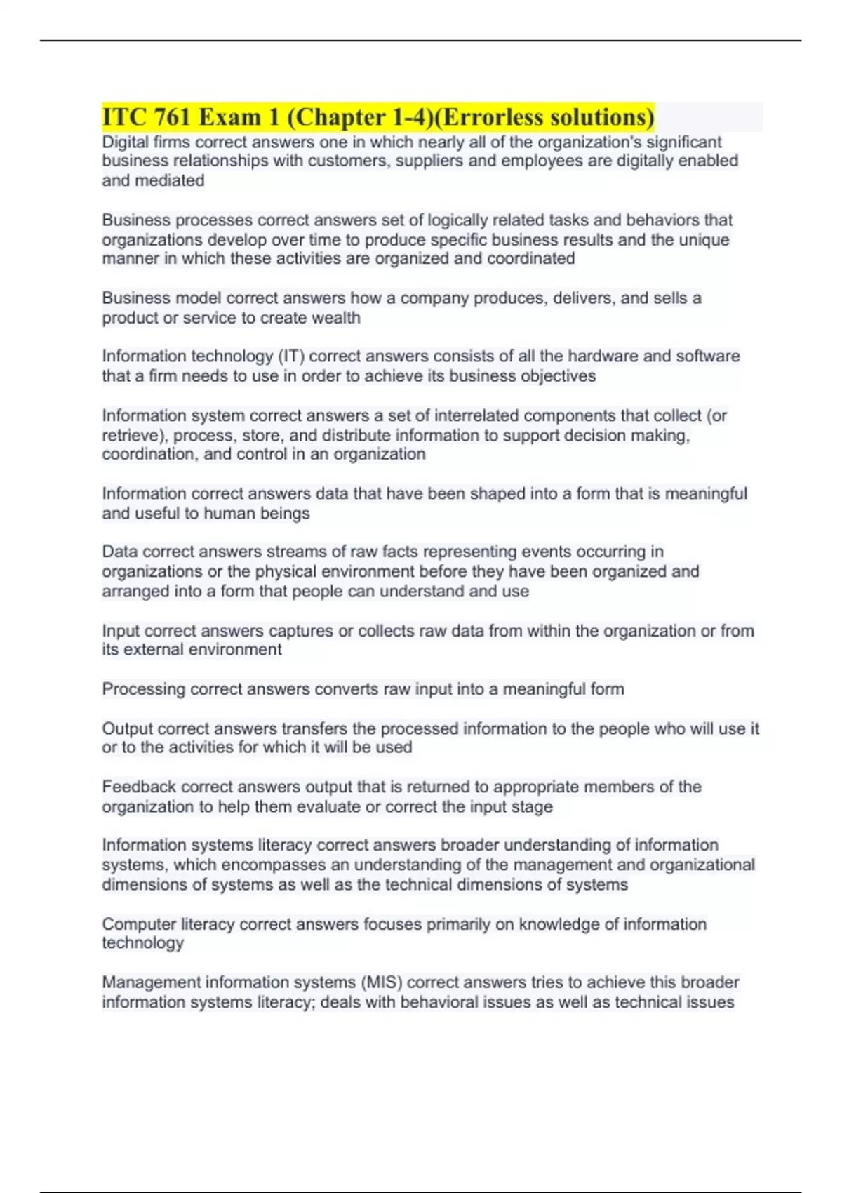 ITC 761 Exam 1 (Chapter 1-4)(Errorless solutions) - ICT 761 - Stuvia US