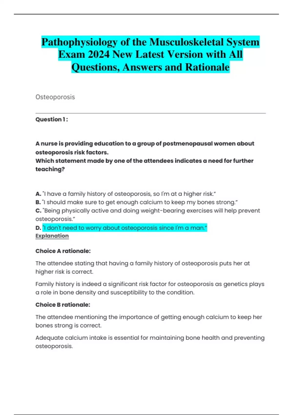 Pathophysiology of the Musculoskeletal System Exam 2024 New Latest ...