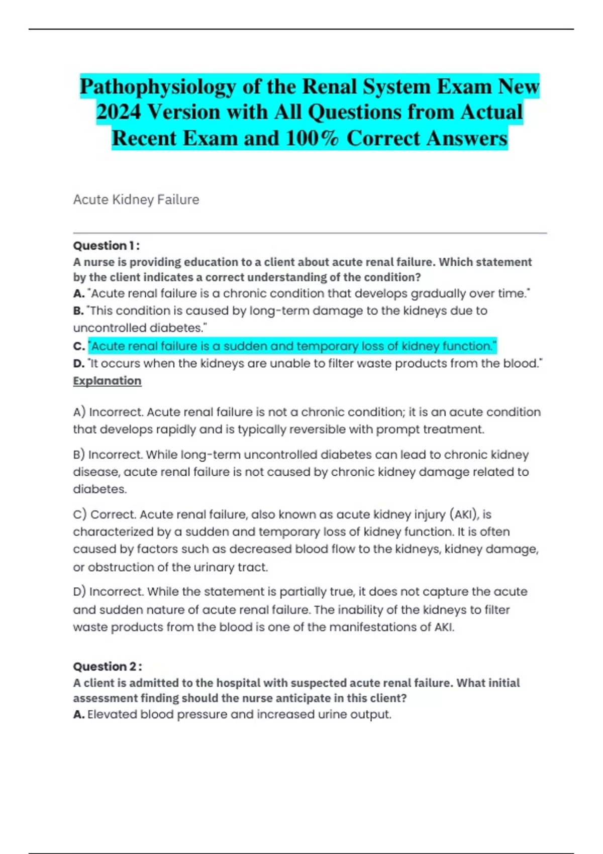Pathophysiology of the Renal System Exam New 2024 Version with All ...