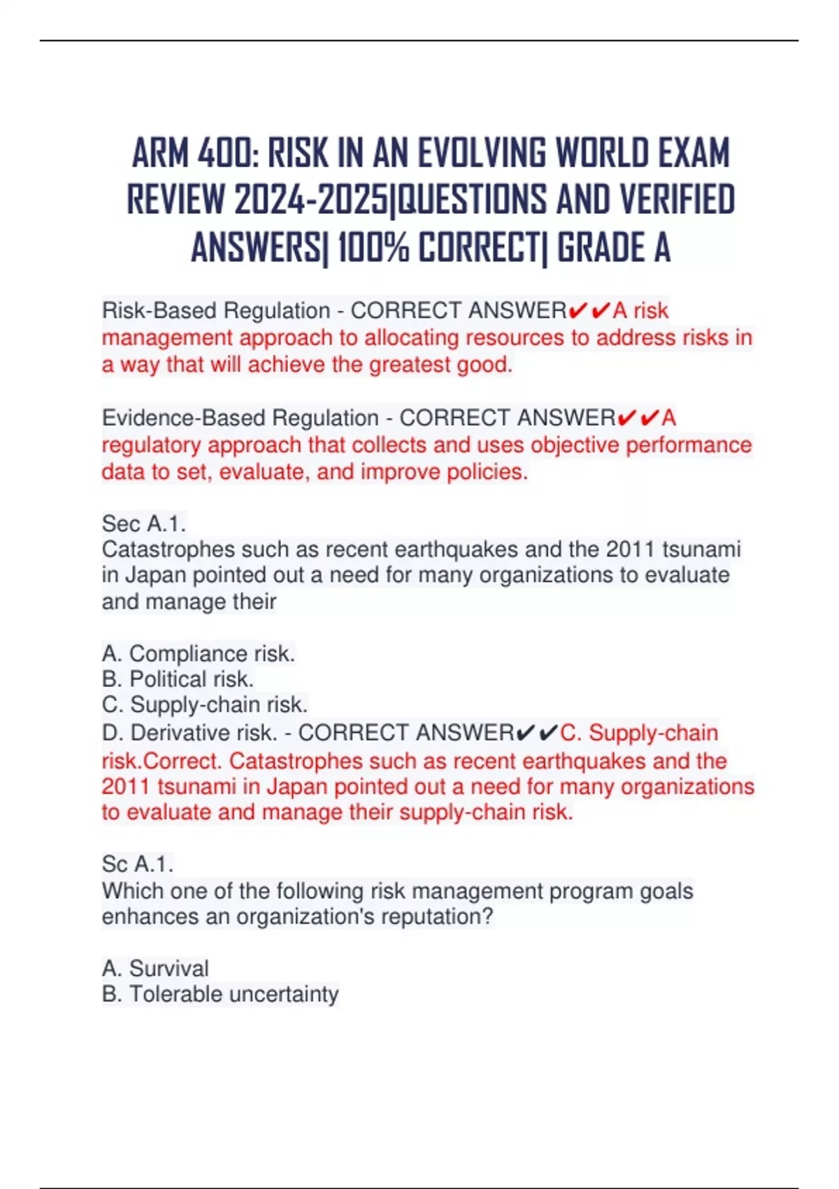 ARM 400: RISK IN AN EVOLVING WORLD EXAM REVIEW |QUESTIONS AND VERIFIED ...