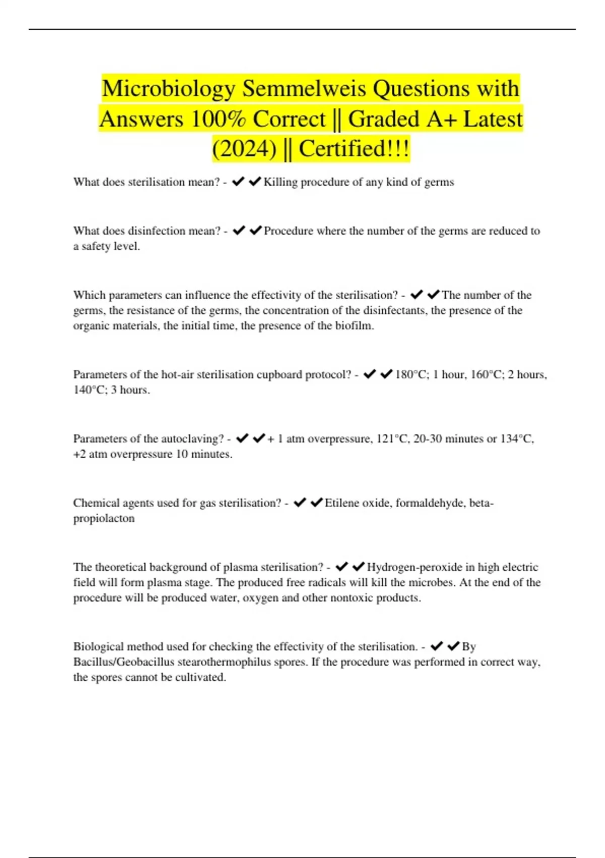 Microbiology Semmelweis Questions with Answers 100% Correct || Graded ...