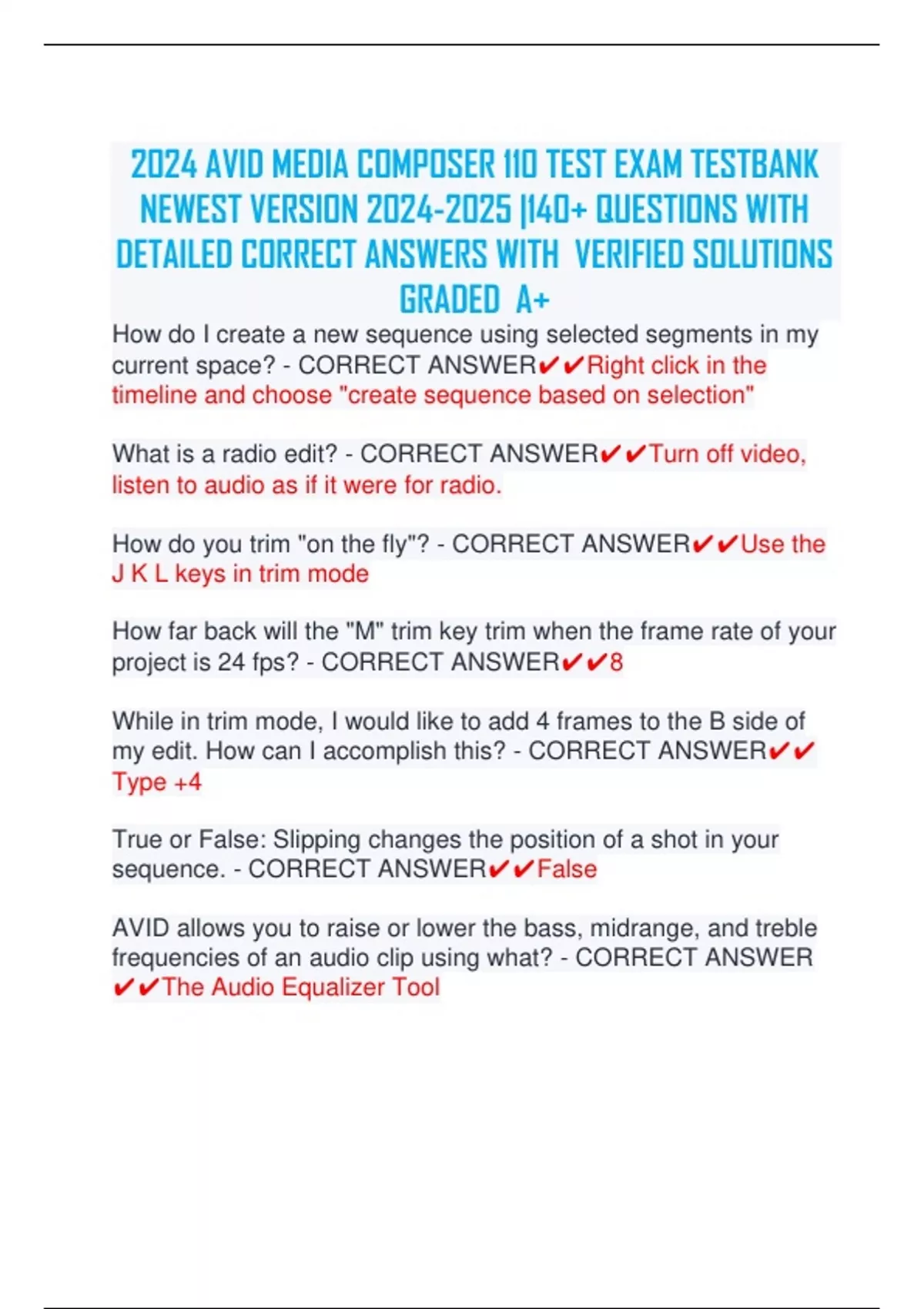 2024 AVID MEDIA COMPOSER 110 TEST EXAM TESTBANK NEWEST VERSION |140 ...