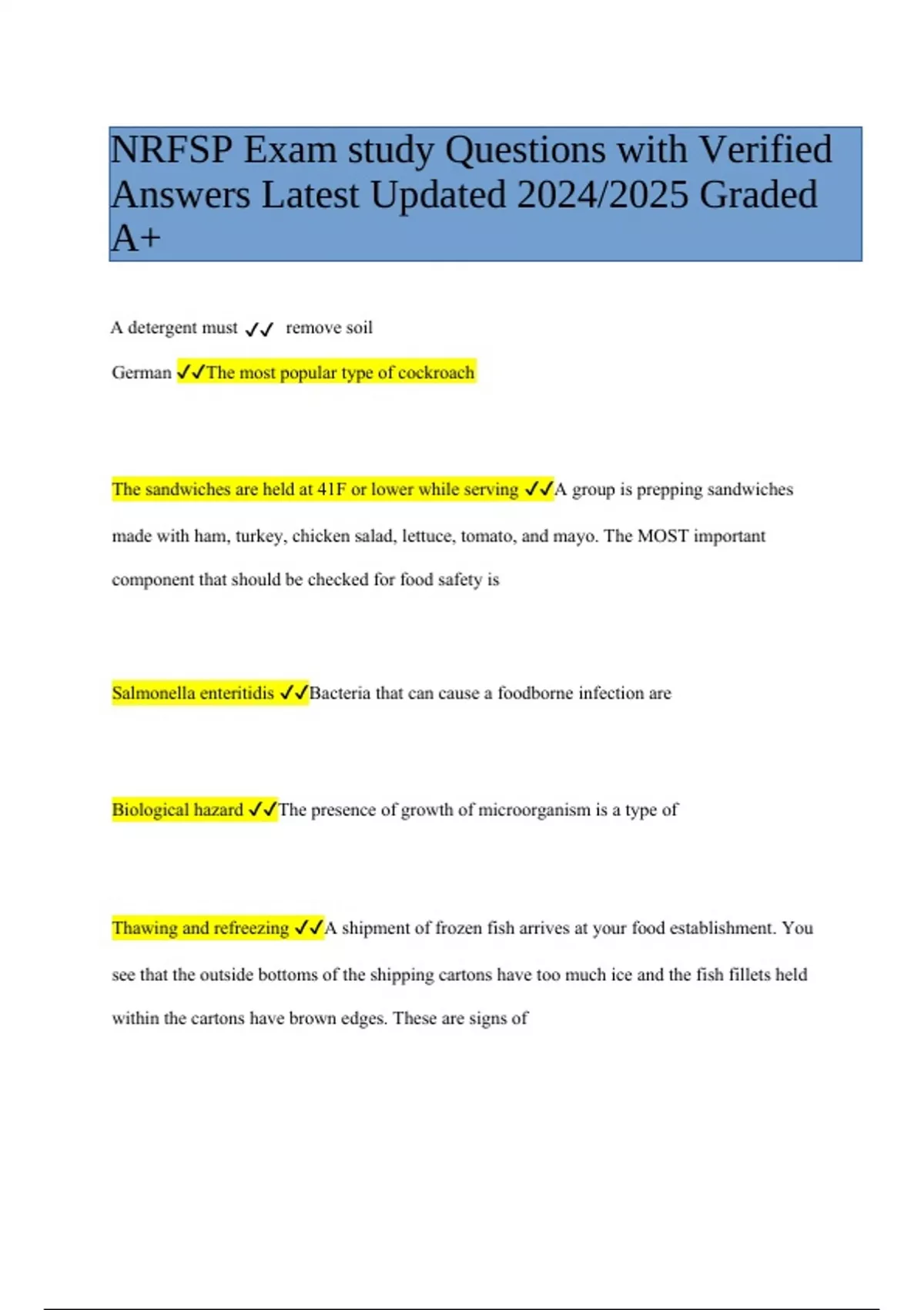 NRFSP Exam study Questions with Verified Answers Latest Updated 2024/ ...