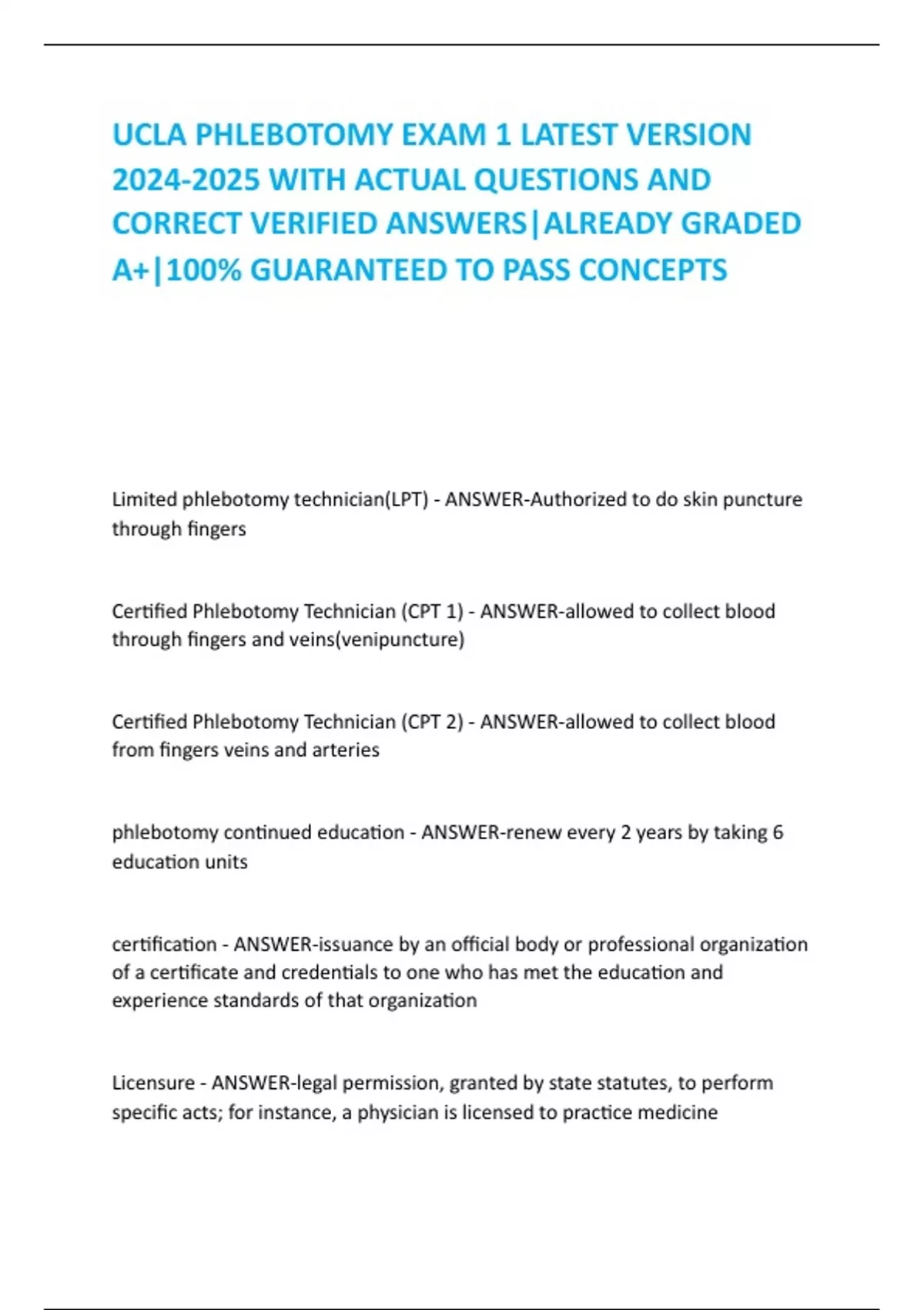 UCLA PHLEBOTOMY EXAM 1 LATEST VERSION WITH ACTUAL QUESTIONS AND CORRECT ...