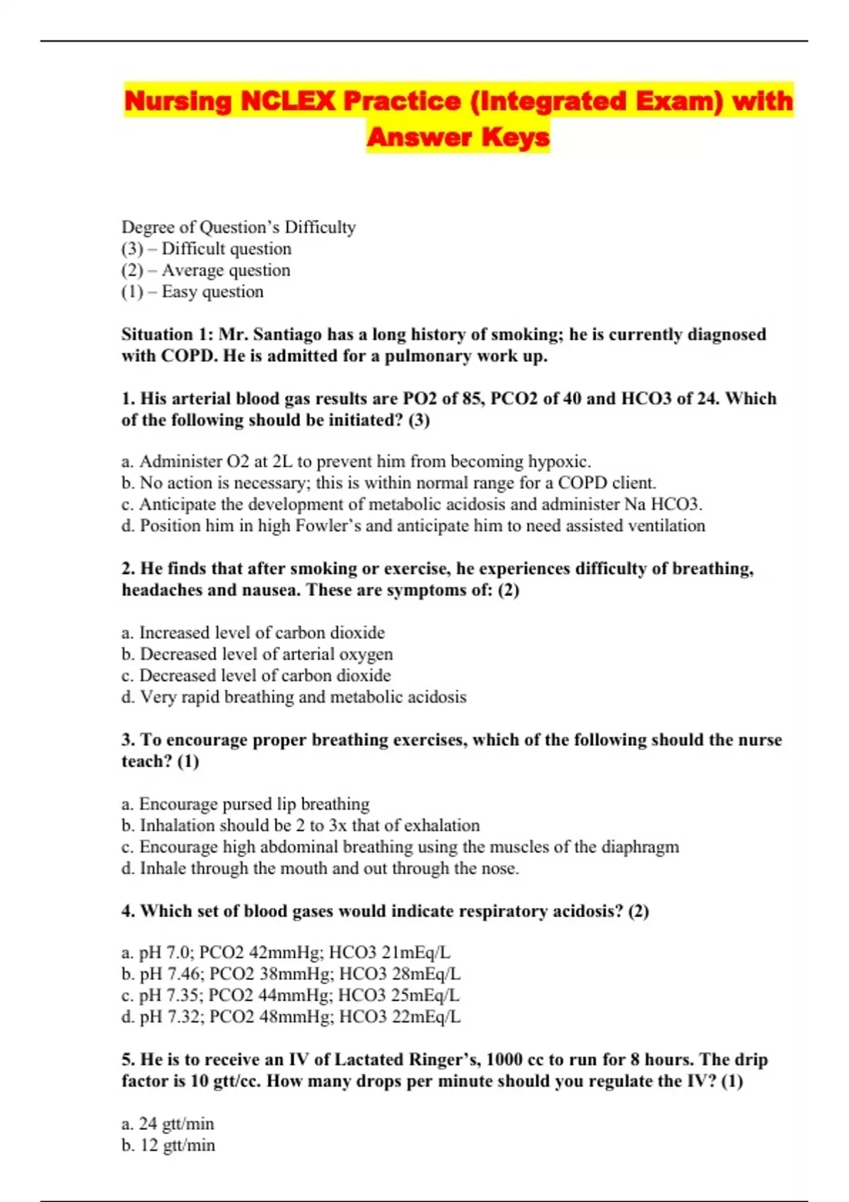Nursing NCLEX Practice (Integrated Exam) with Answer Keys - Nursing ...