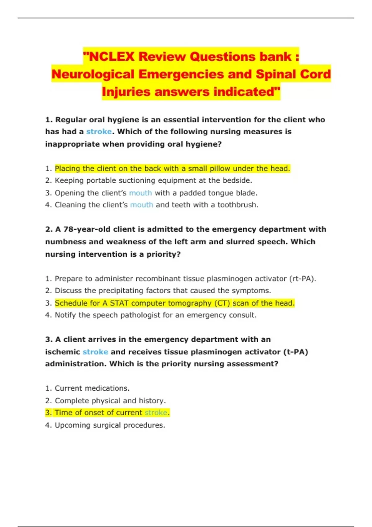 NCLEX Review Questions bank : Neurological Emergencies and Spinal Cord ...