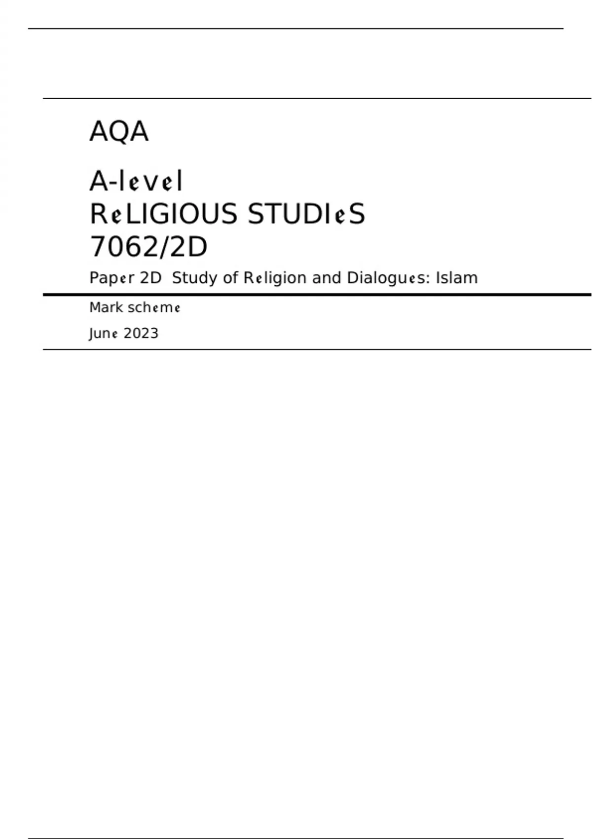 AQA A-level RELIGIOUS STUDIES 7062/2D Paper 2D Study of Religion and ...