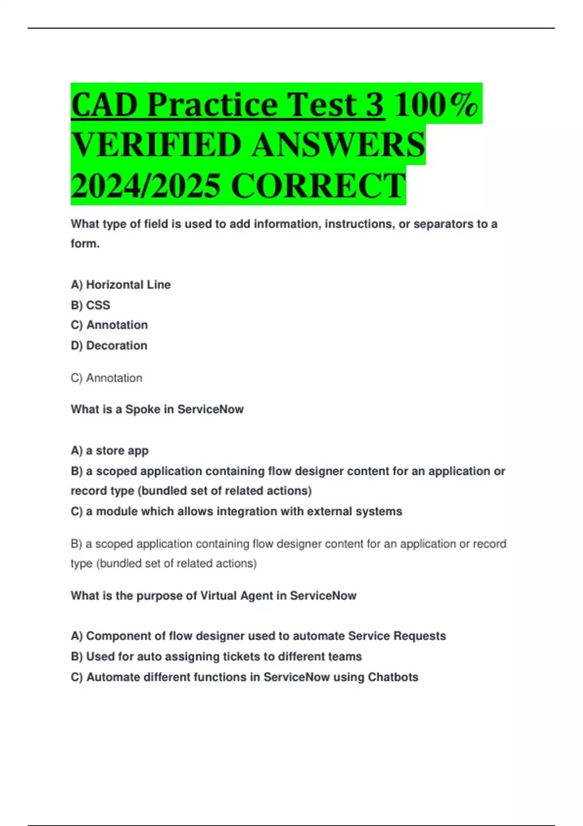 CAD Practice Test 3 100% VERIFIED ANSWERS 2024/2025 CORRECT - CAD ...