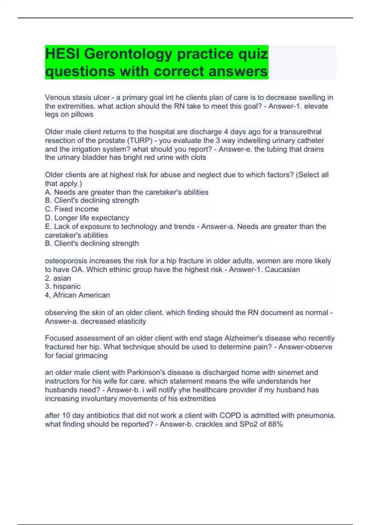 HESI Gerontology practice quiz questions with correct answers - Gerontology HESI - Stuvia US