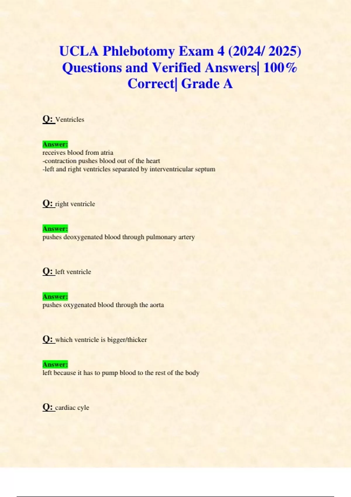 UCLA Phlebotomy Exam 4 (2024/ 2025) Questions and Verified Answers| 100 ...