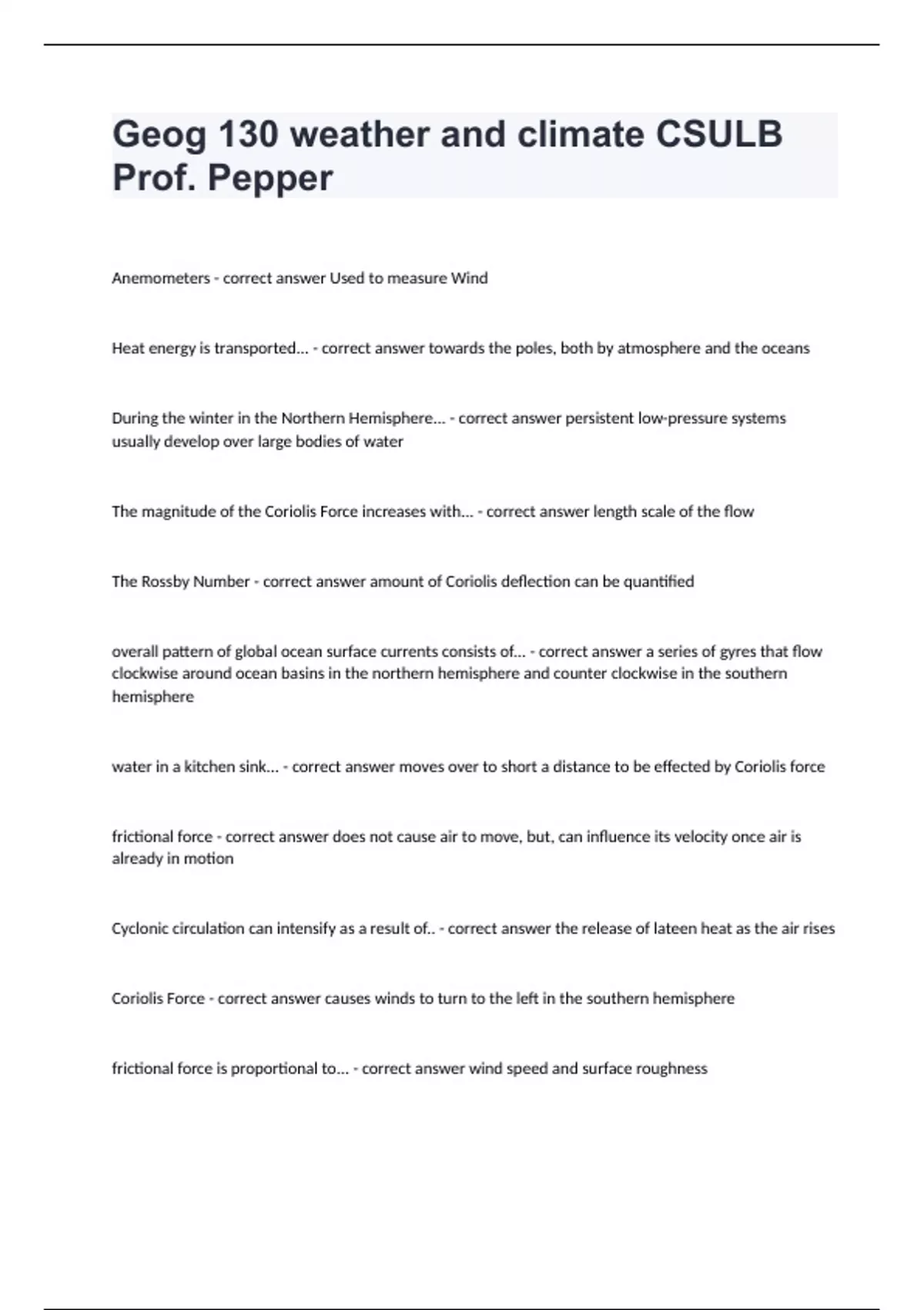 Geog 130 weather and climate CSULB Prof. Pepper verified already passed ...