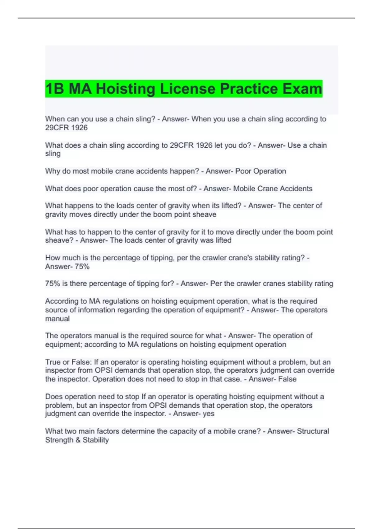 1B MA Hoisting License Practice Exam with 100% correct Answers ...