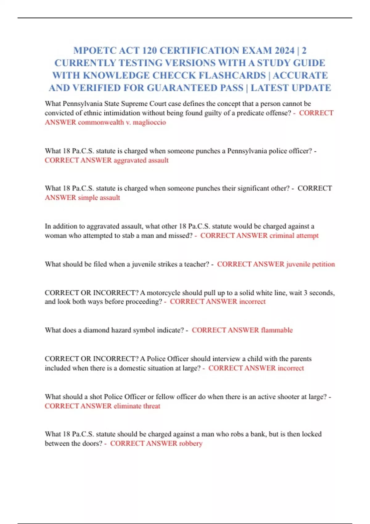 MPOETC ACT 120 CERTIFICATION EXAM 2024 | 2 CURRENTLY TESTING VERSIONS ...