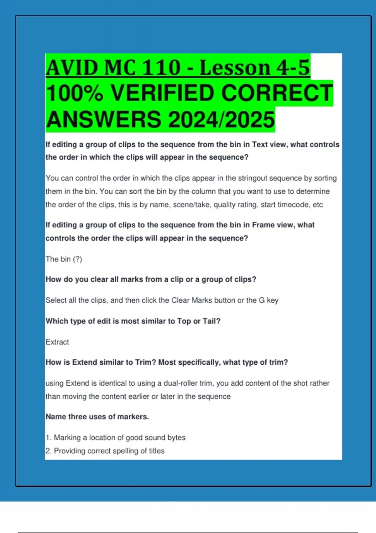BEST REVIEW AVID MC 110 - Lesson 4-5 100% VERIFIED CORRECT ANSWERS 2024 ...