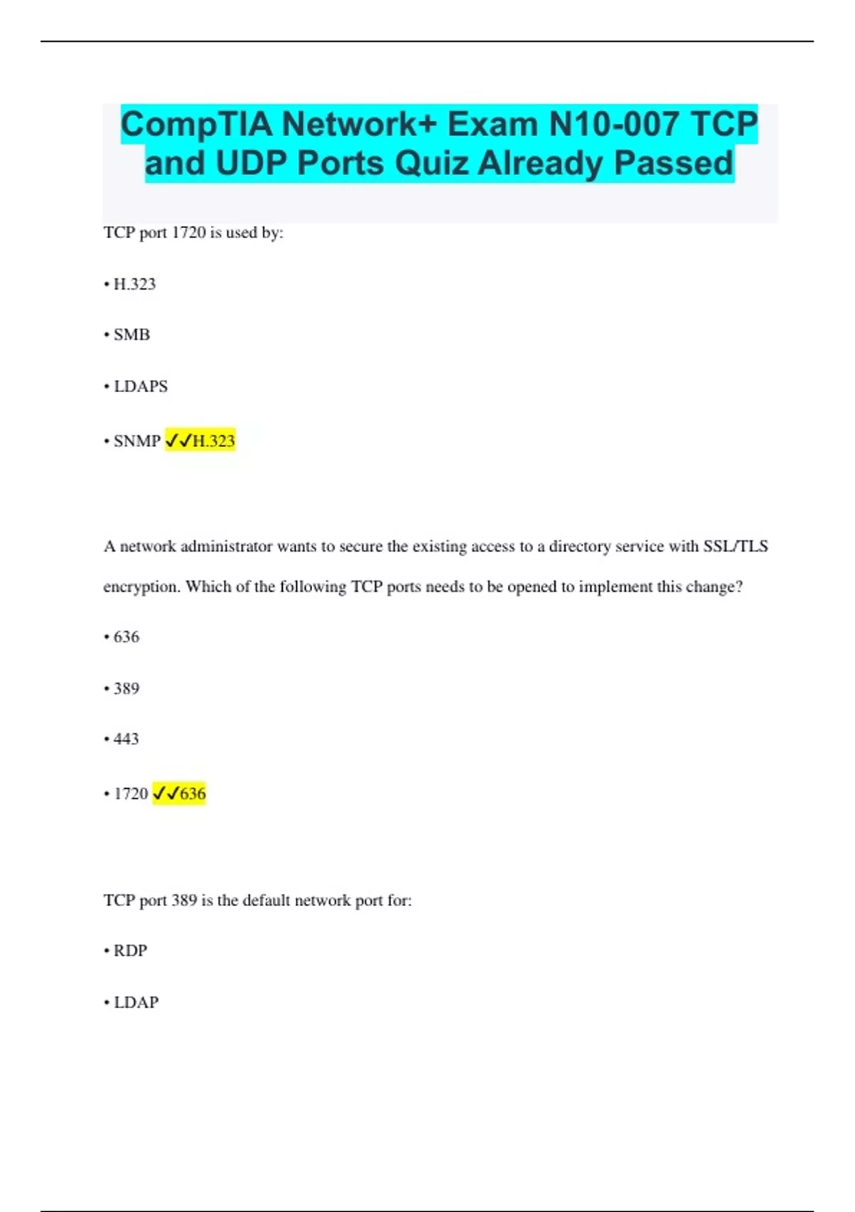 CompTIA Network+ Exam N10-007 TCP and UDP Ports Quiz Already Passed - CompTIA Network+ - Stuvia US