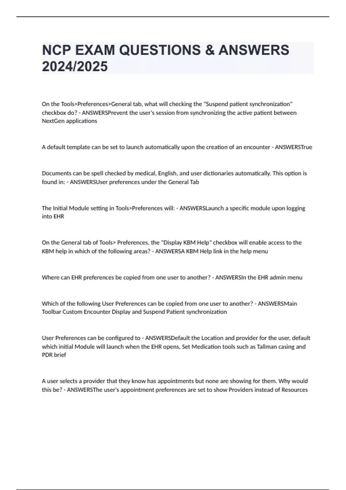 NCP EXAM QUESTIONS & ANSWERS 2024/2025 - NCP - Stuvia US